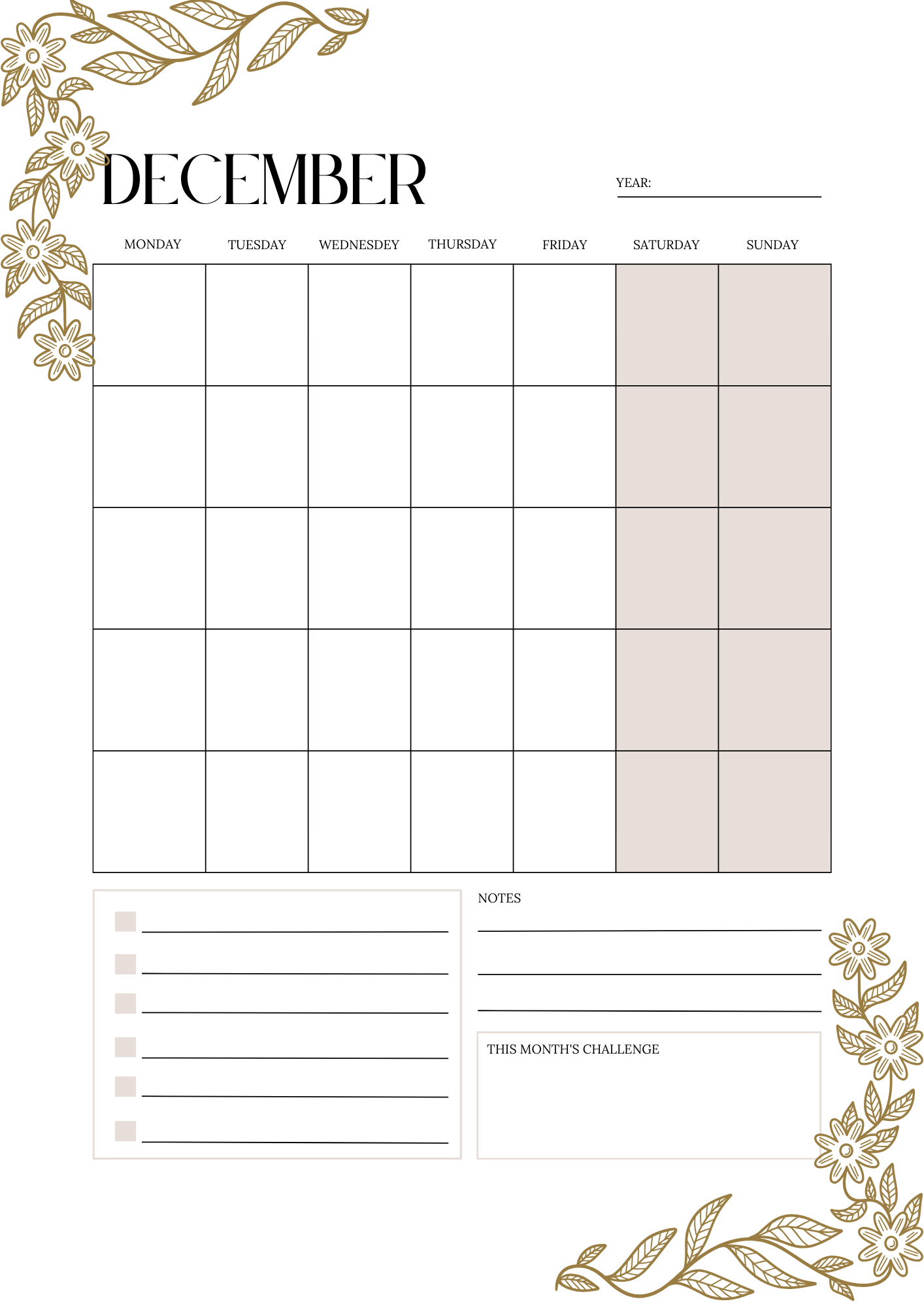 2024 MONTHLY CALENDAR - BLACK GOLD – NESIE NJAMNSI